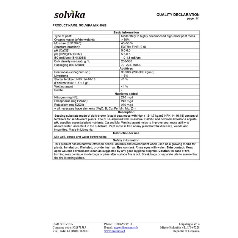 พีทมอส SOLVIKA A-mix ขนาด 70 ลิตร ( Peatmoss Solvika mix407B เนื้อเดียว ...